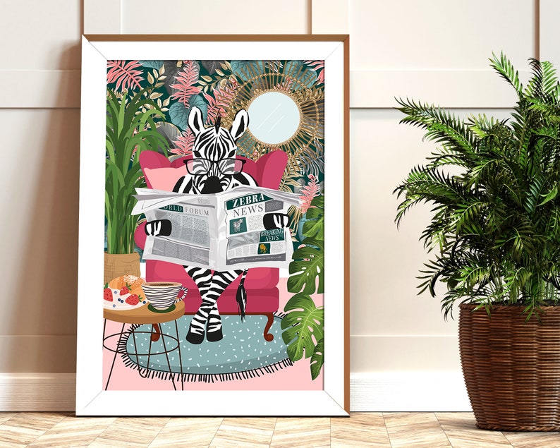 Zebra Reading Newspaper Animal Print Colourful Botanical - Etsy