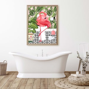 Pink Flamingo on Toilet Bathroom Print, Animal on Toilet Cloakroom Wall ...
