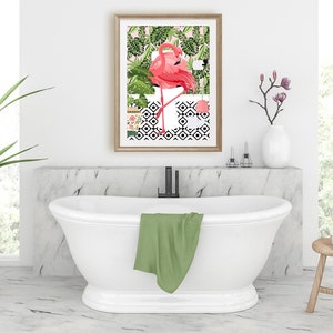 Pink Flamingo on Toilet Bathroom Print, Animal on Toilet Cloakroom Wall ...