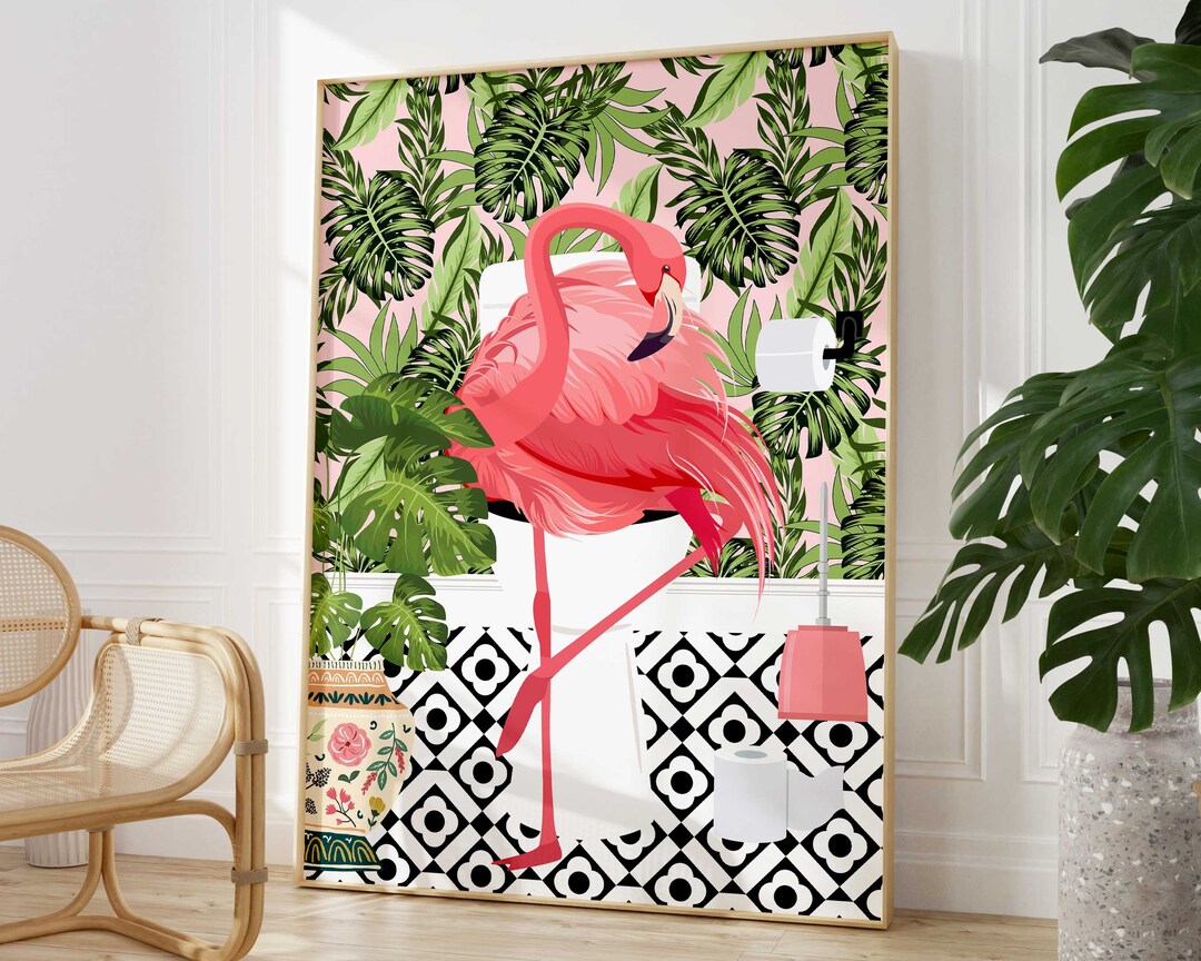 Pink Flamingo on Toilet Bathroom Print, Animal on Toilet Cloakroom Wall ...