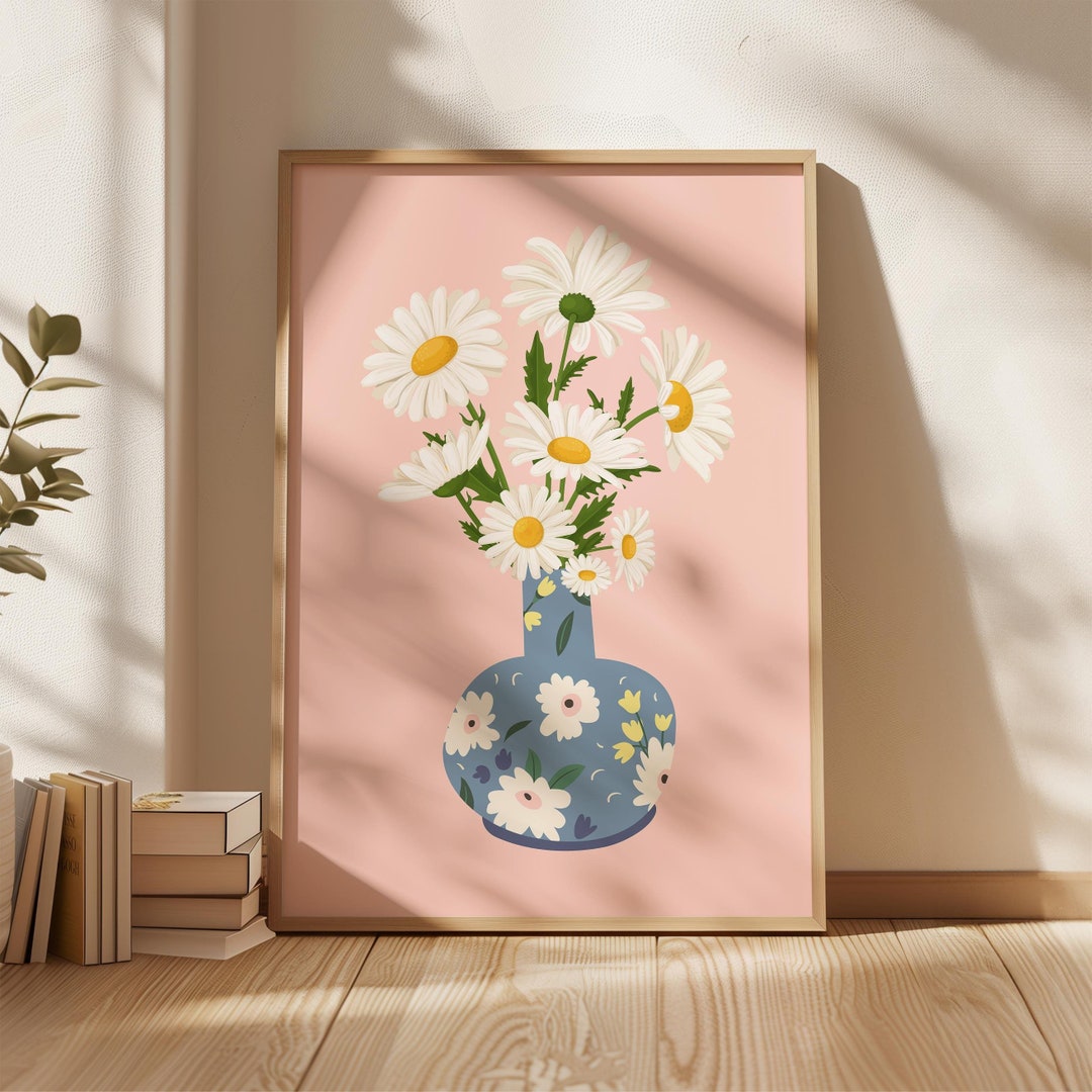 Pink Daisy Print Flower Wall Art, Abstract Daisies Botanical Print ...