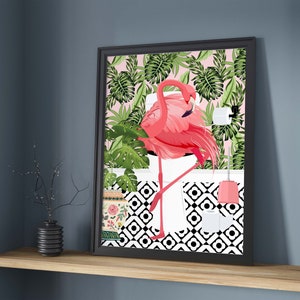 Pink Flamingo on Toilet Bathroom Print, Animal on Toilet Cloakroom Wall ...