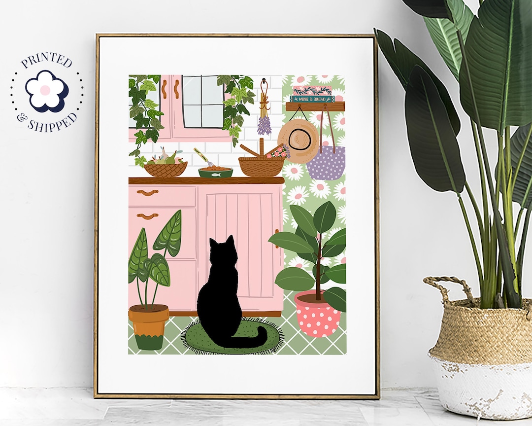 Black Cat in Kitchen Maximalist Wall Art, Botanical Cottage Kitchen ...