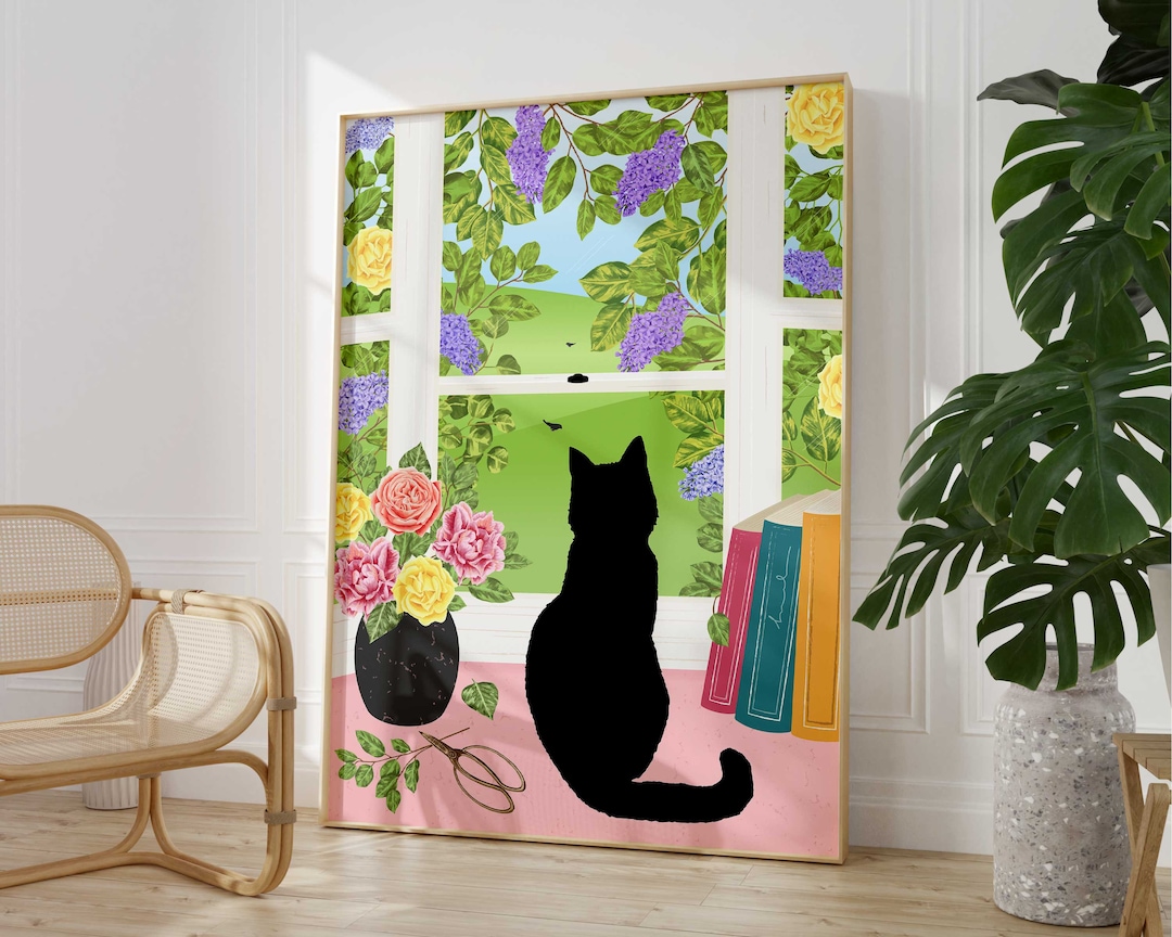 Cat Sat by the Window Print, Black Cat Animal Wall Art, Cat Watching ...