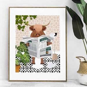 Highland Kuh auf Toilette Kunstdruck, Tier auf Toilette lustige Badezimmer Wandkunst ...