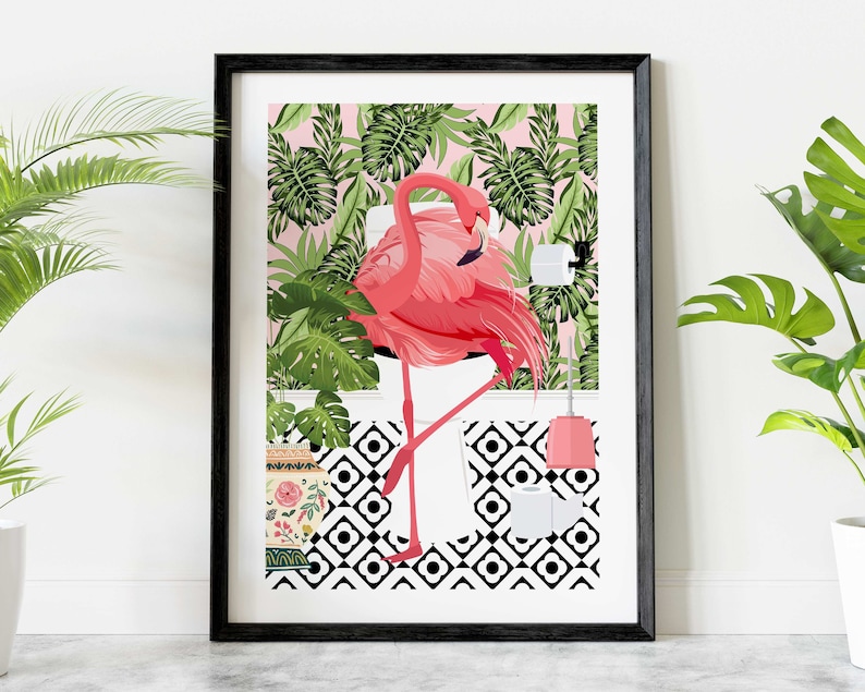 Pink Flamingo on Toilet Bathroom Prints, Animal on Toilet Cloakroom ...