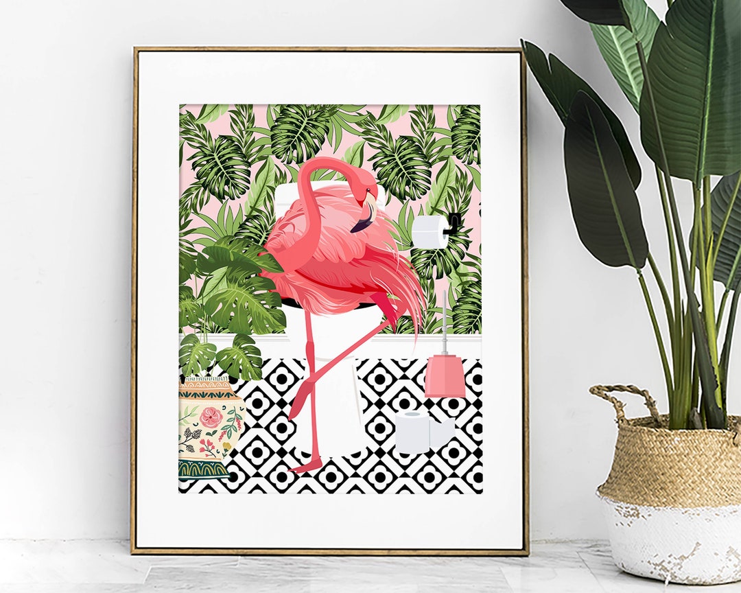 Pink Flamingo on Toilet Bathroom Print, Animal on Toilet Cloakroom Wall ...
