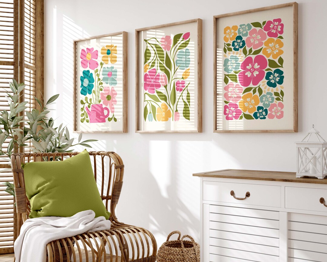 Set of 3 Abstract Flower Prints, Scandinavian Floral Wall Art, Pink ...