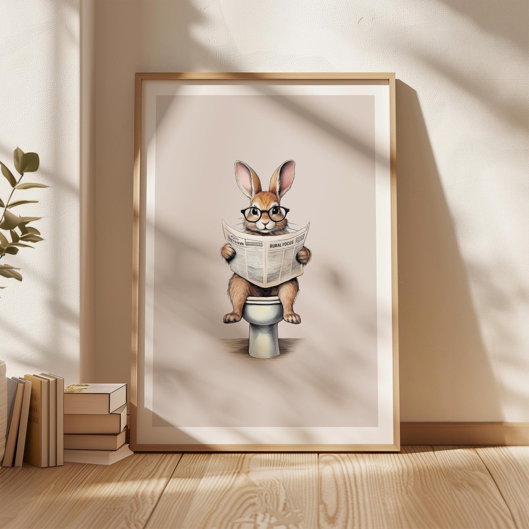 Funny Rabbit on Toilet Bathroom Print, Whimsical Cute Animal Wall Art ...