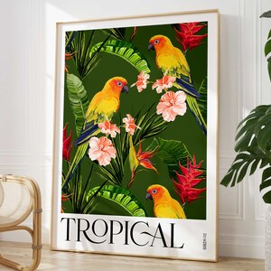 Tropical Bird Rainforest Print, Colourful Tropical Leaves Wall Art ...