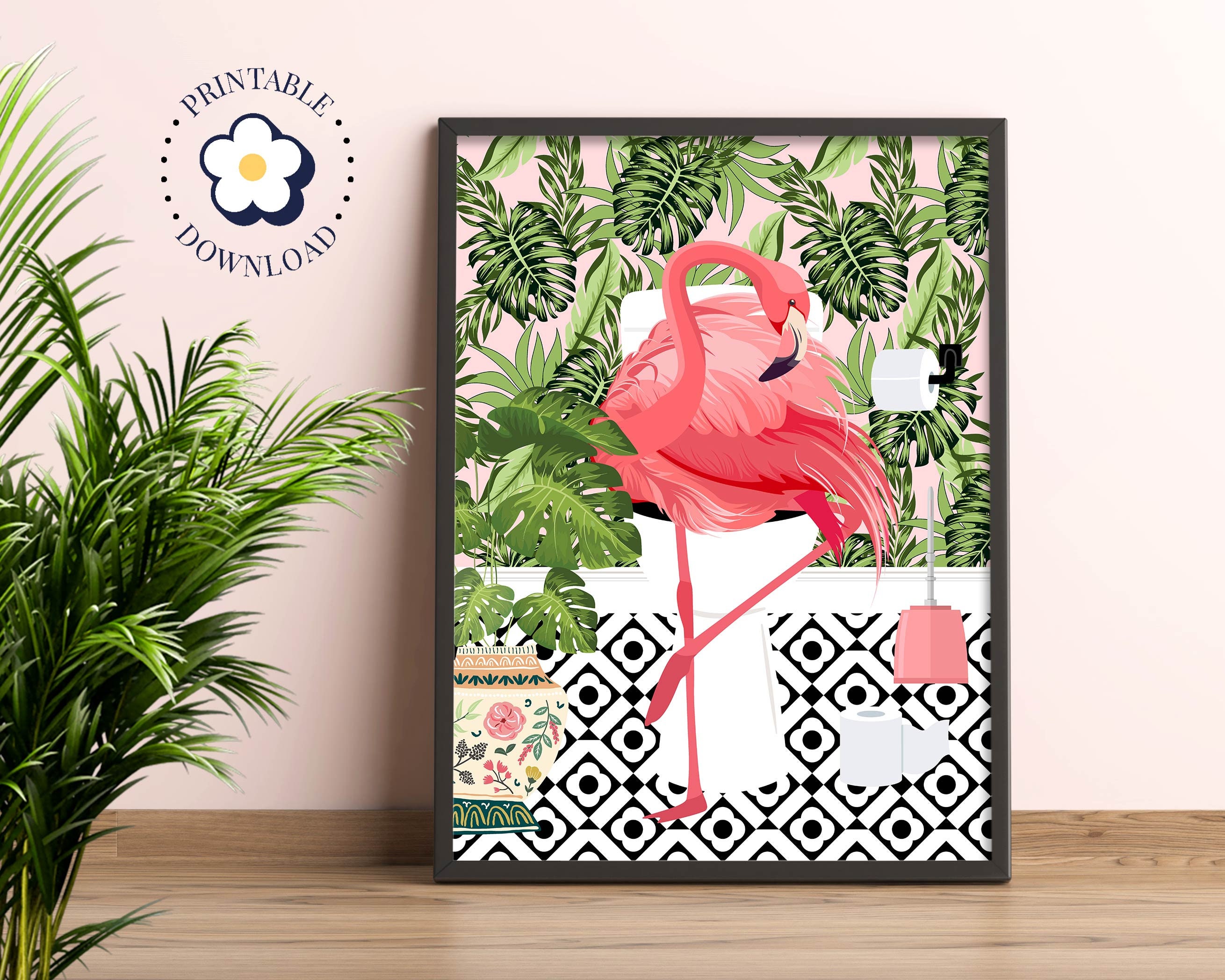 Pink Flamingo on Toilet Bathroom Prints, Animal on Toilet Cloakroom ...