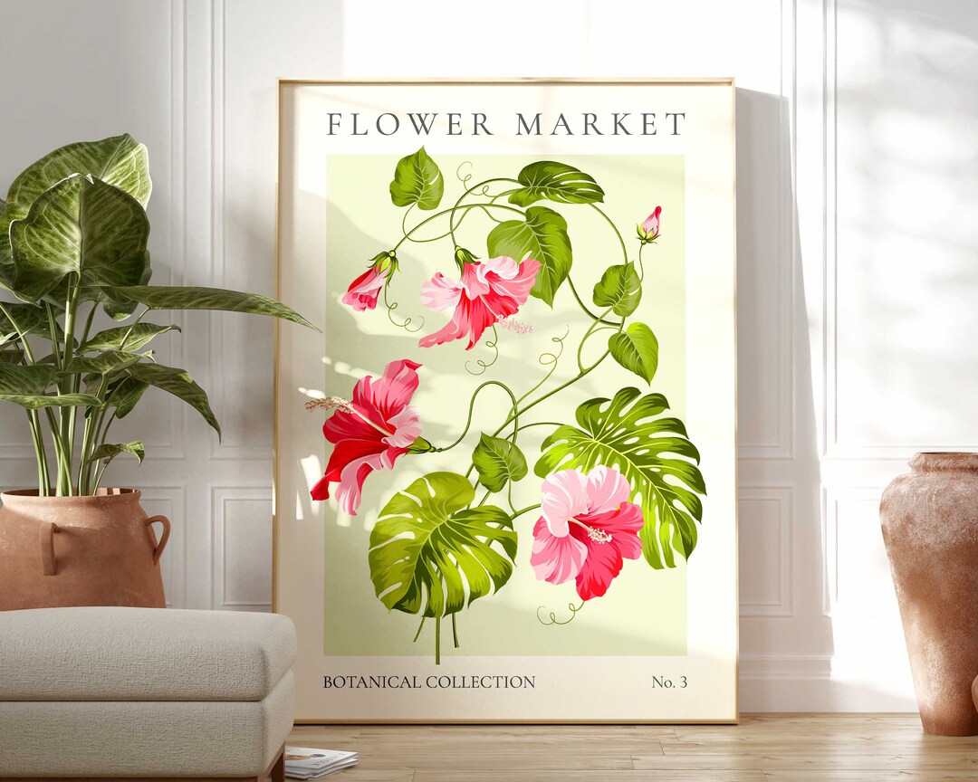 Flower Market Print, Boho Wild Flower Wall Art, Pink and Green Poster ...