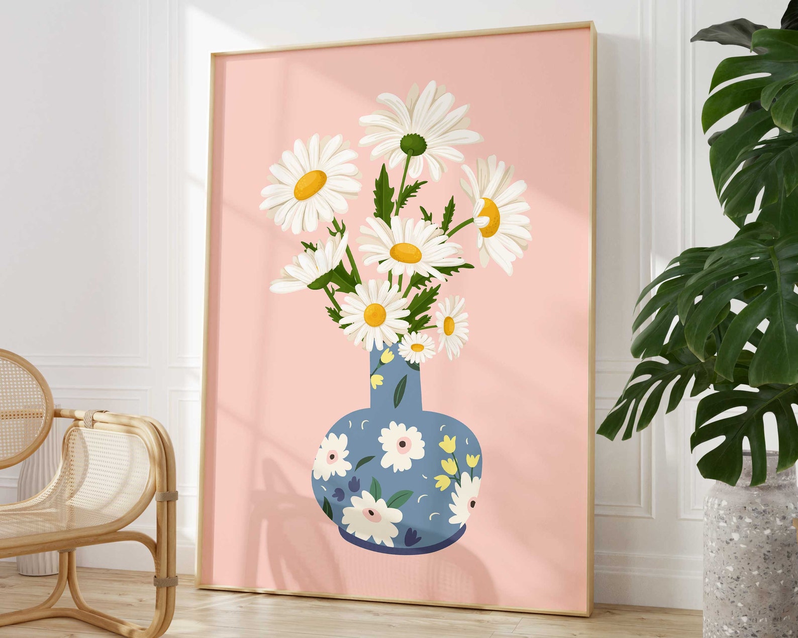 Pink Daisy Print Flower Wall Art, Abstract Daisies Botanical Print ...