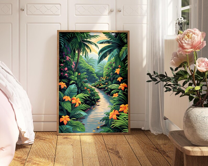 Tropical Rainforest Botanical Print, Colourful Jungle Landscape Wall ...