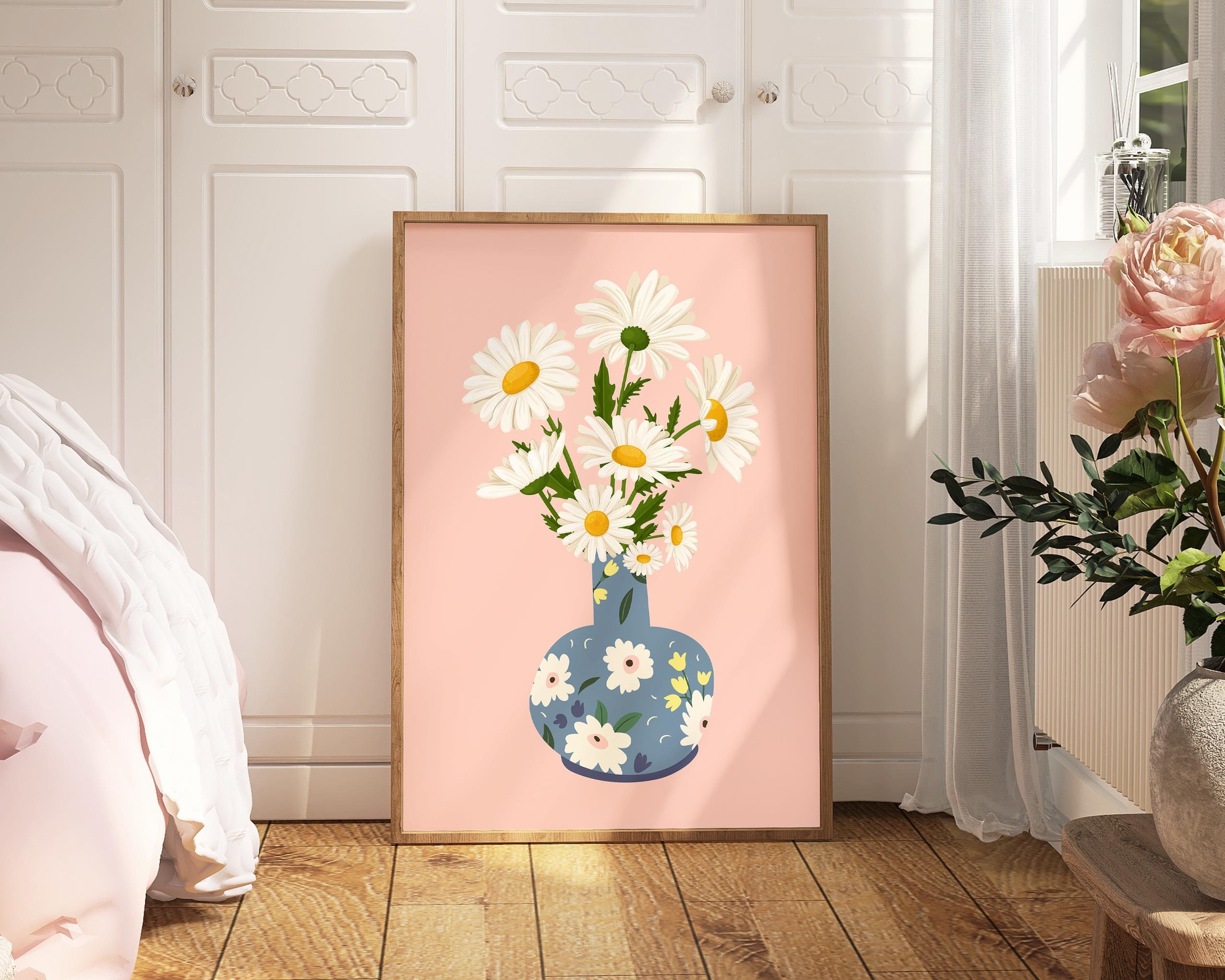 Pink Daisy Print Flower Wall Art, Abstract Daisies Botanical Print ...