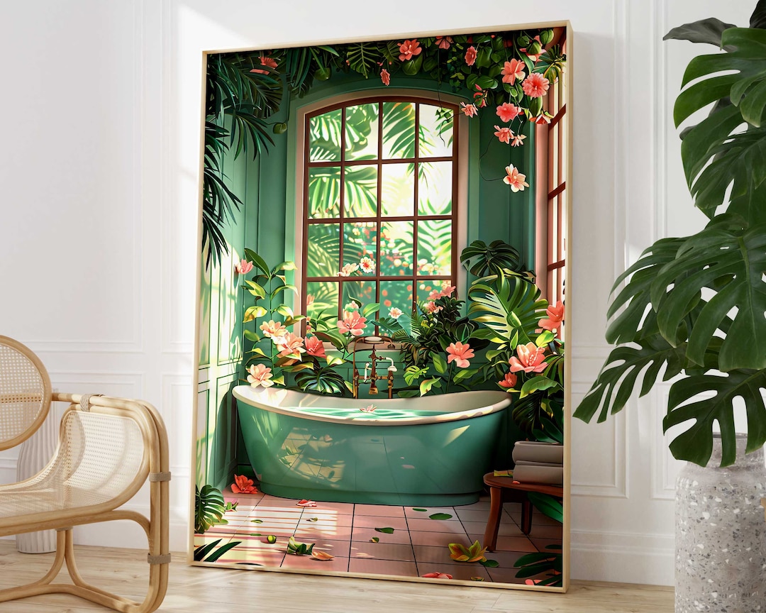 Colourful Botanical Bathroom Art Print, Painting of Tropical Bathroom ...