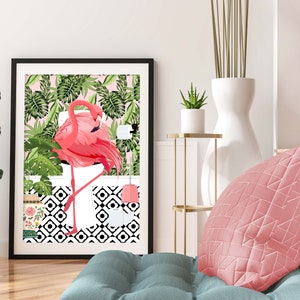 Pink Flamingo on Toilet Bathroom Print, Animal on Toilet Cloakroom Wall ...