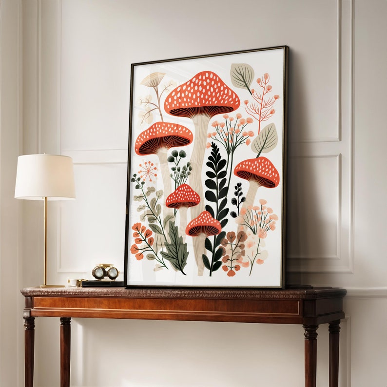 Boho Mushroom Print, Botanical Wildflower Fungi Wall Art, Red Forest ...