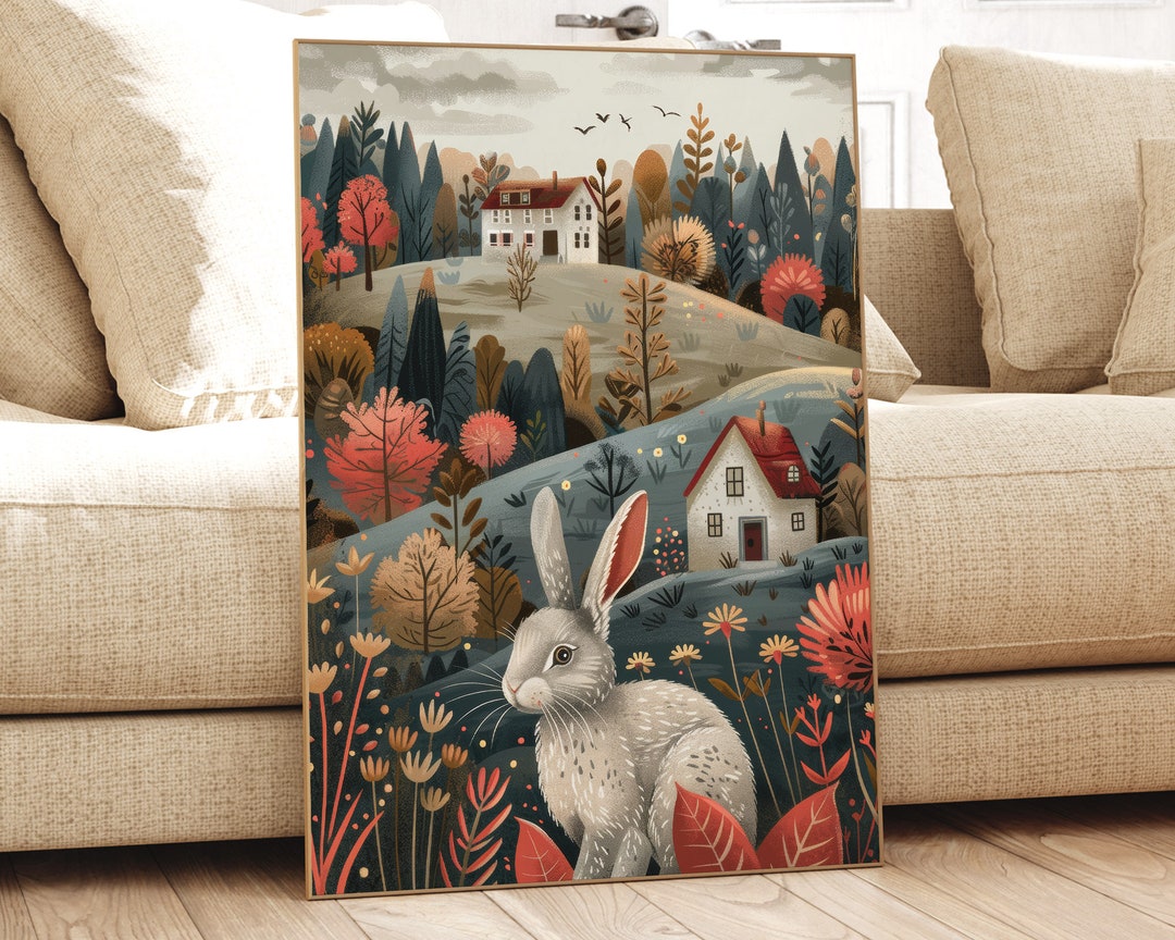 Boho Folk Art Hare Print, Whimsical Folklore Abstract Wall Art ...