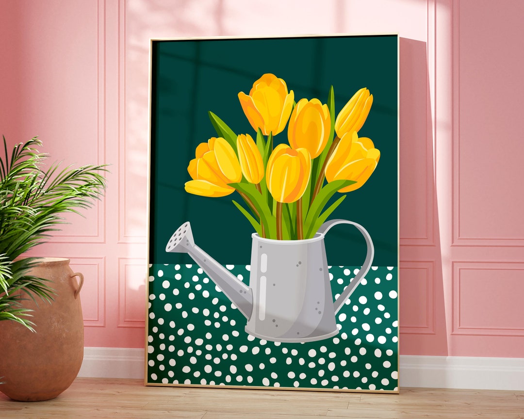 Yellow and Green Abstract Tulip Flower Print, Modern Polkadot Plant ...