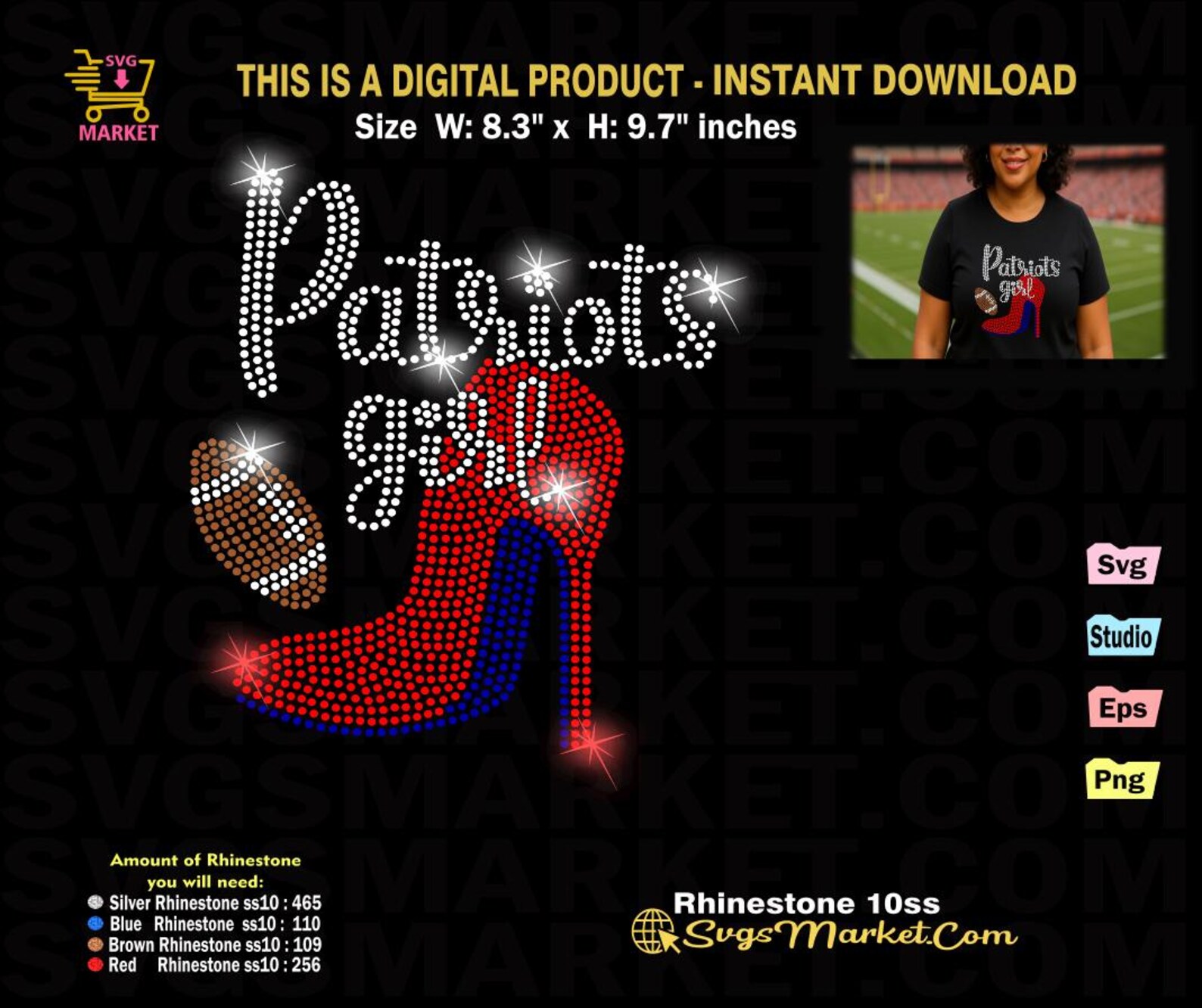 Patriots Girl Rhinestone Template, Football Heel Design (SVG, PNG, EPS ...