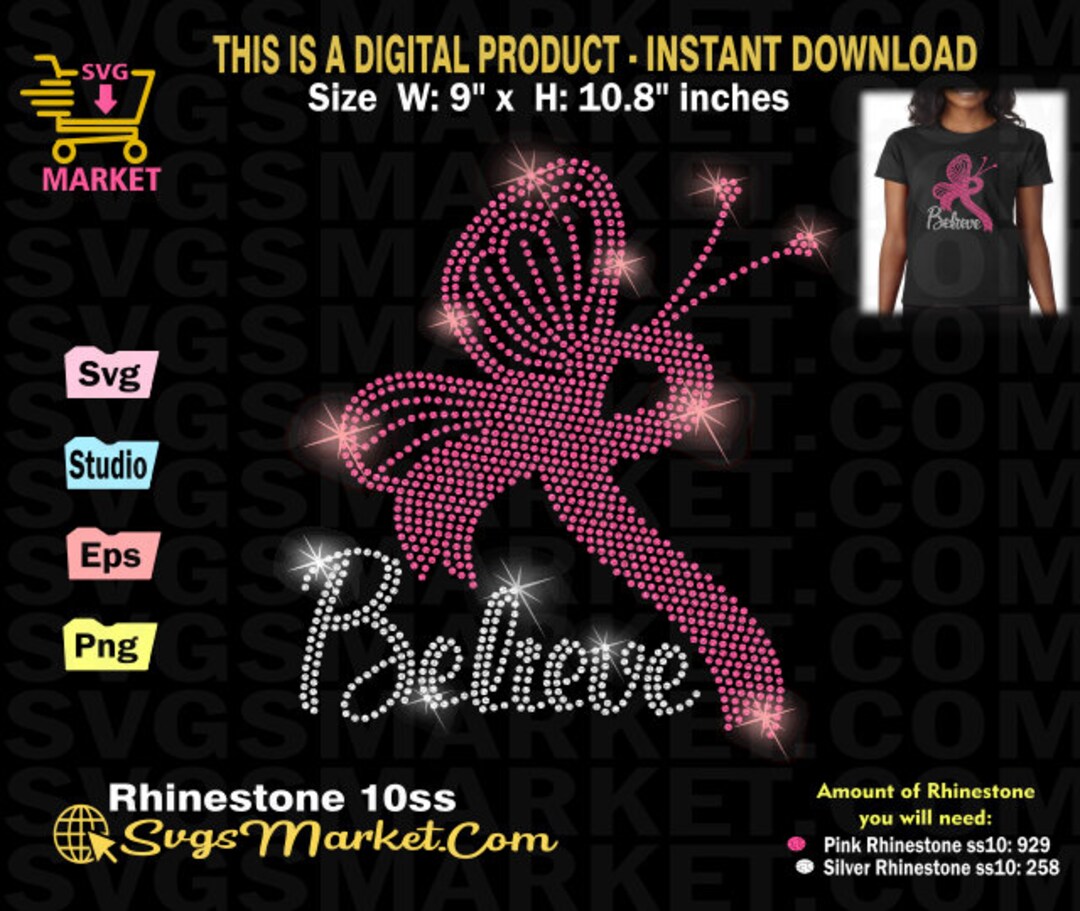 Believe Rhinestone Template Svg,pink Ribbon Butterfly Rhinestone Svg ...