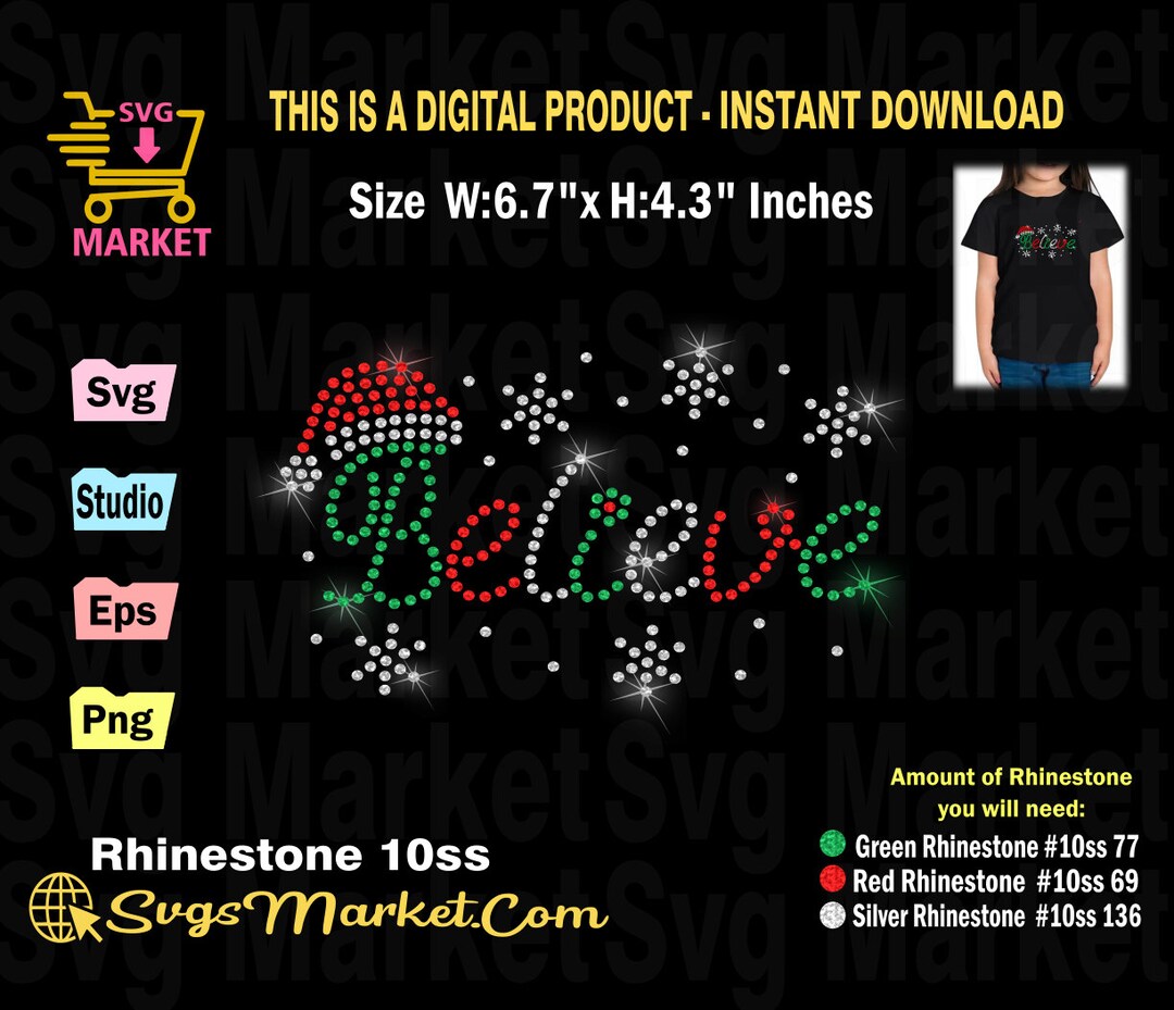Believe Rhinestone Template Svg, Christmas Rhinestone Svg, Santa ...