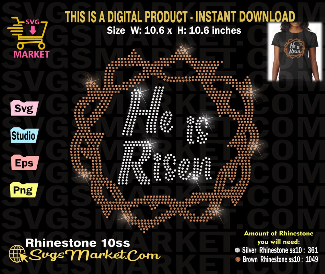 Religious Rhinestone Template Svg, He is Risen Rhinestone Svg for ...