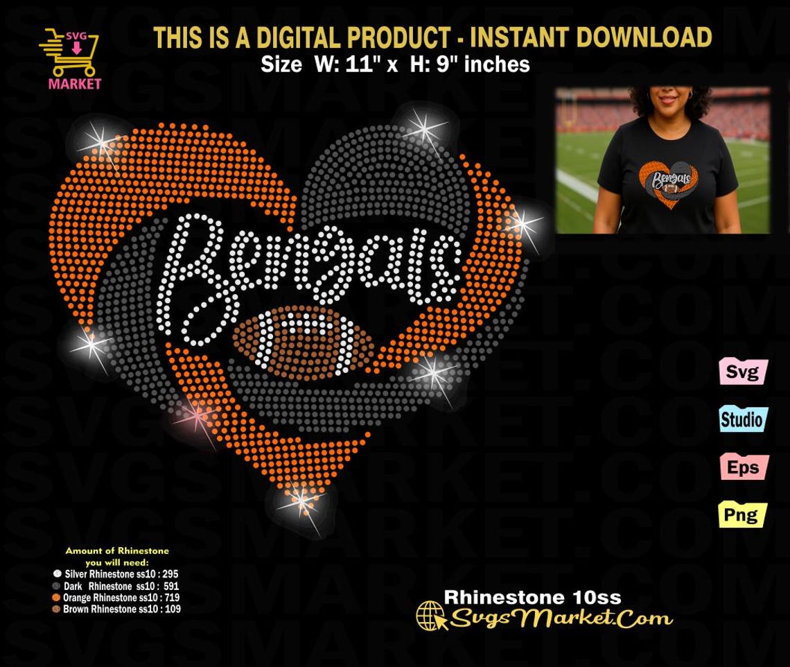Instant Download Rhinestone Football Svg, Bengals Rhinestone Template ...
