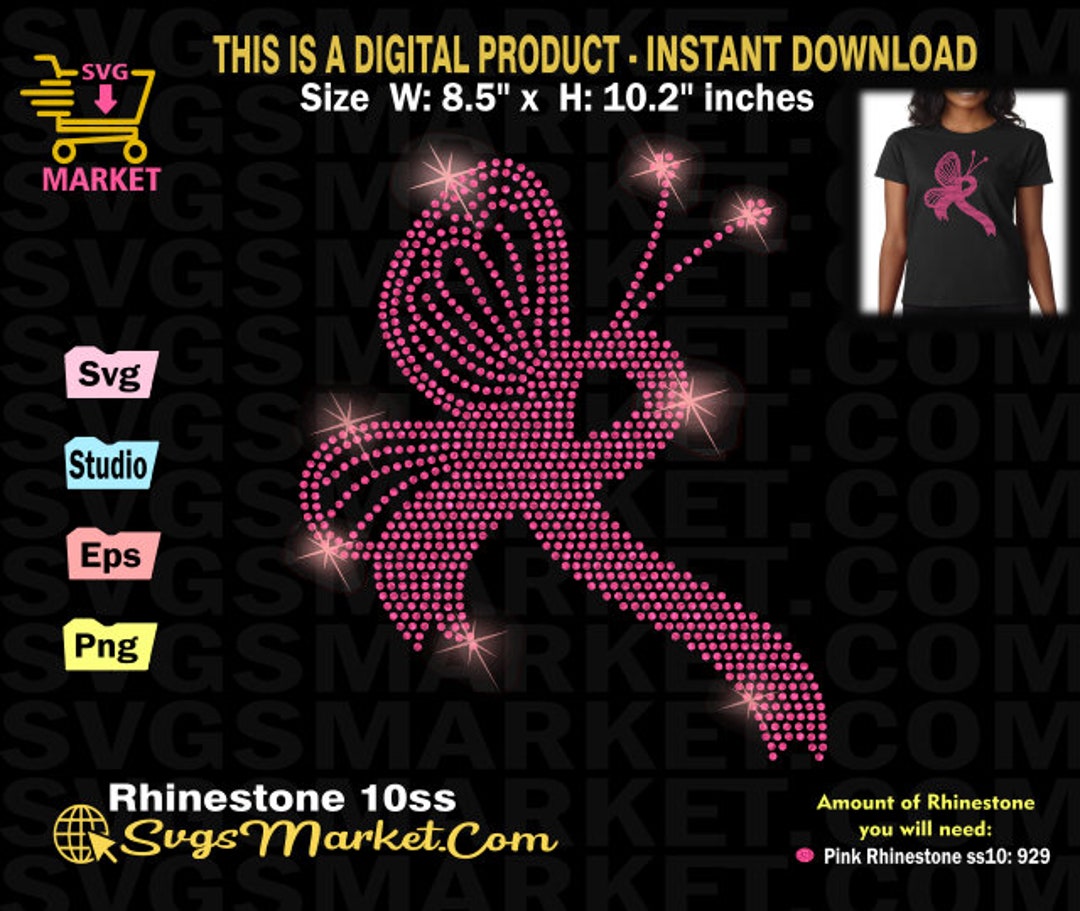 Pink Ribbon Butterfly Rhinestone Template Svg, Breast Cancer Butterfly ...
