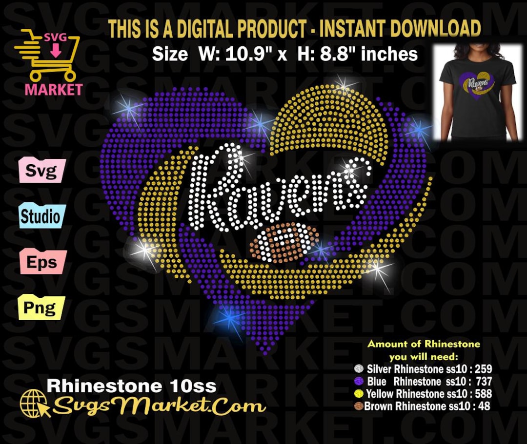 Ravens Football Svg Instant Download Rhinestone Template, Heart Ravens ...