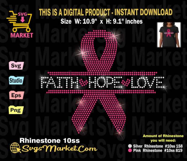 Faith Hope Love Rhinestone Template Svg Breast Cancer - Etsy