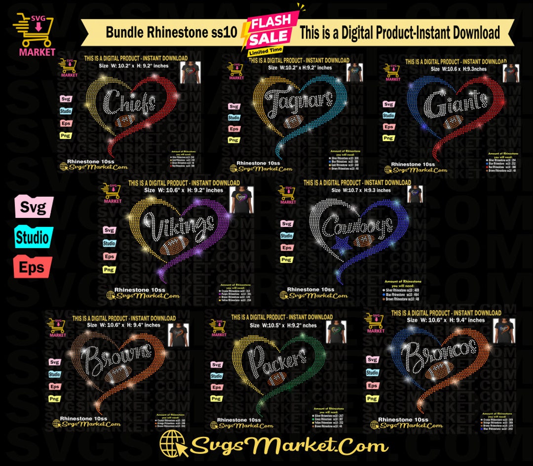 Football Instant Download Rhinestone Template, Football Teams Bundle ...