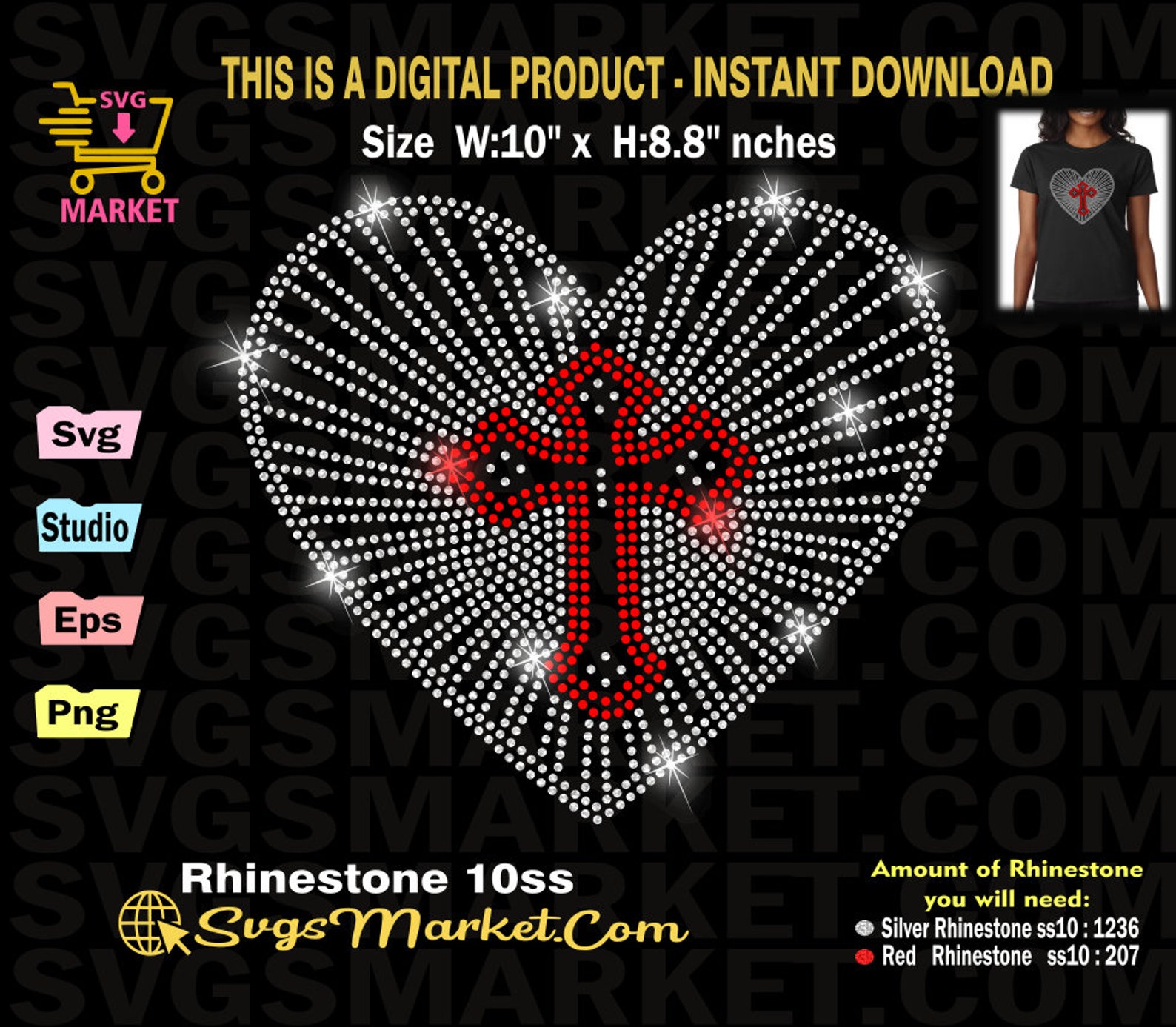 Religious Rhinestone Template Svg Heart With Cross Svg - Etsy