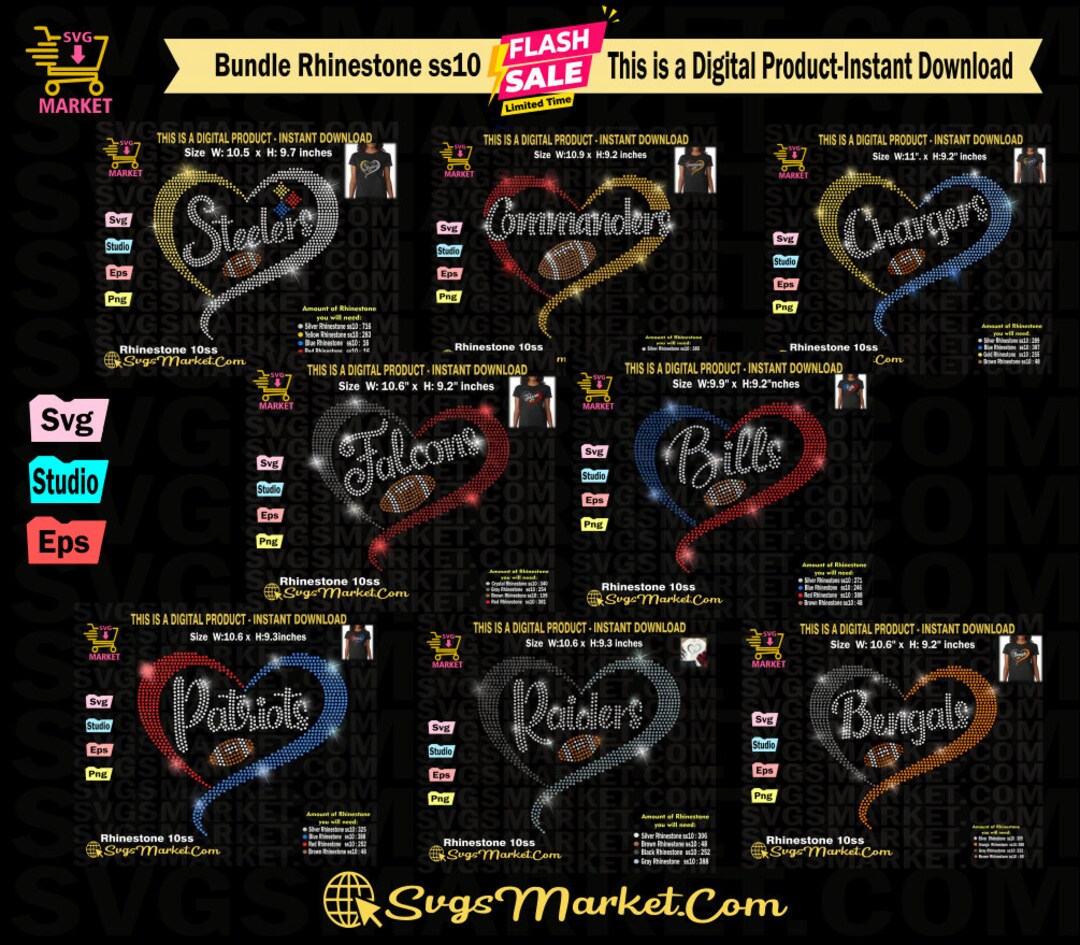 Bundle Rhinestone Template Svg, Football Teams Rhinestone Ss10 Svg ...