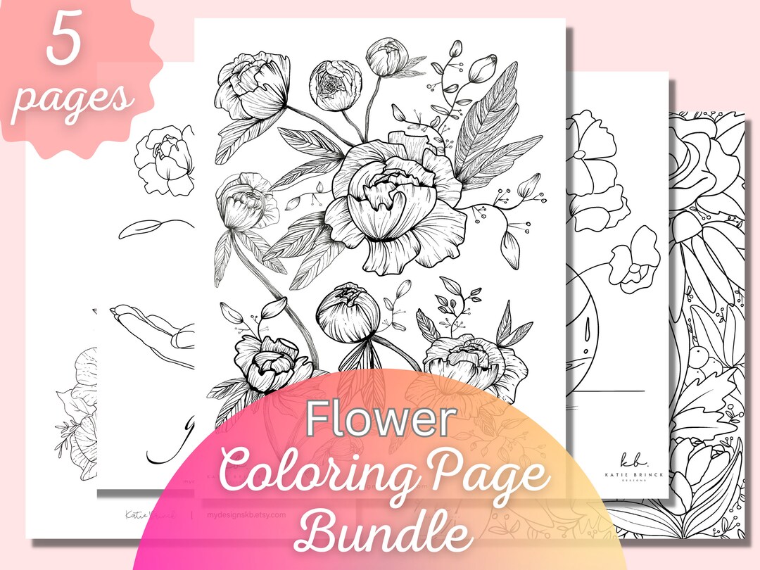 Flower Coloring Page Set 5 Floral Coloring Page Bundle Digital Download ...