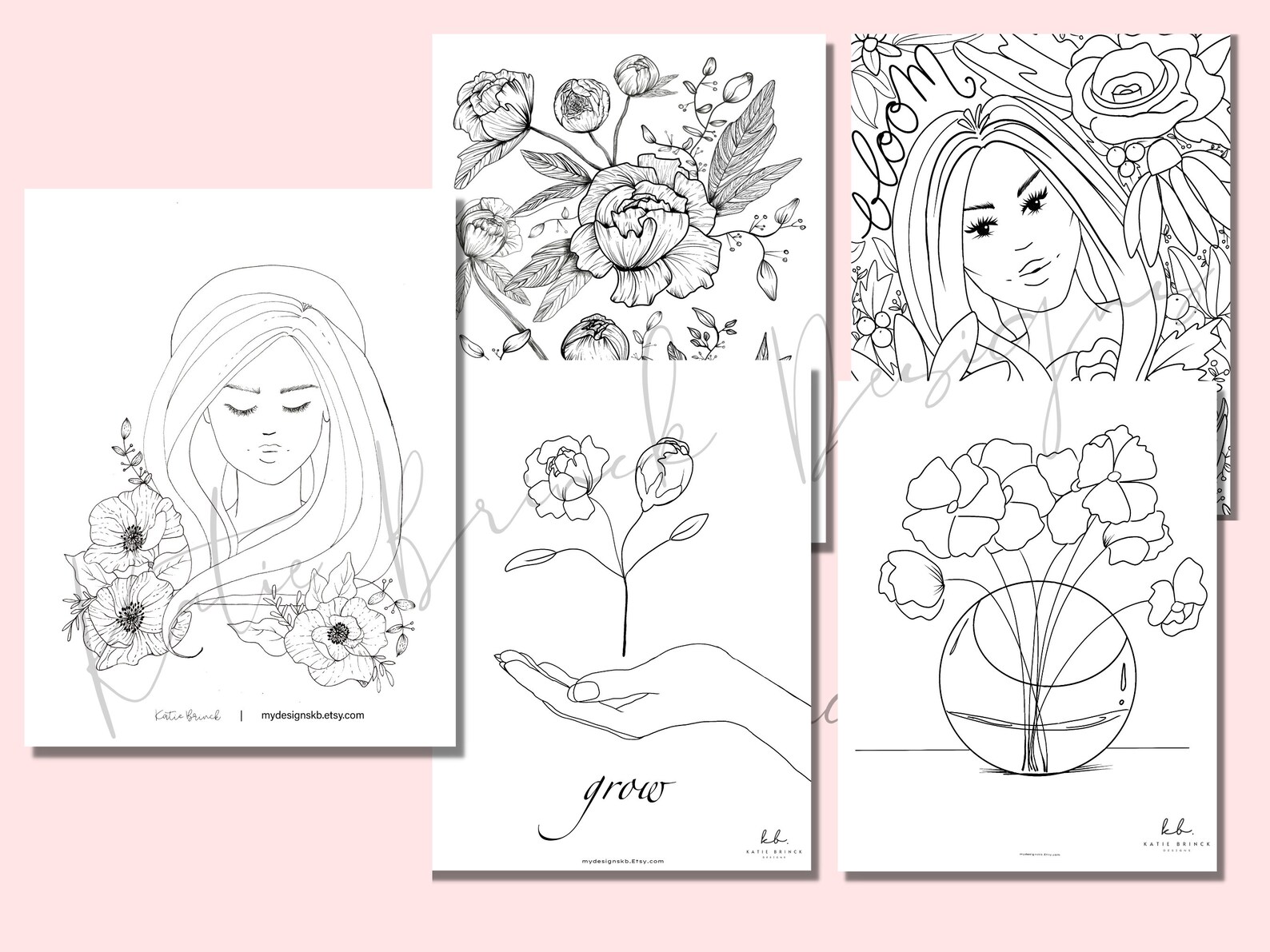 Flower Coloring Page Set 5 Floral Coloring Page Bundle Digital Download ...