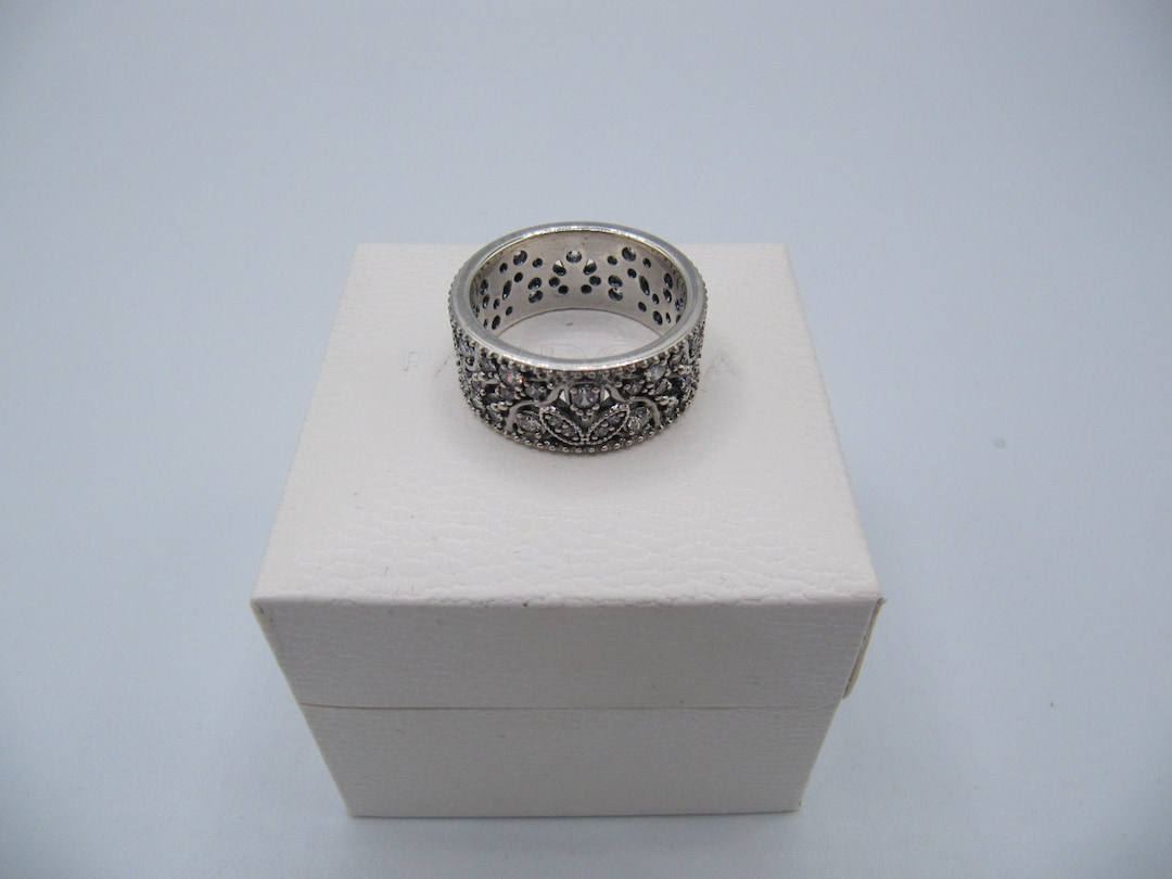 Retired Pandora Shimmering Leaves Sterling Silver 925 CZ Wide Band Ring ...
