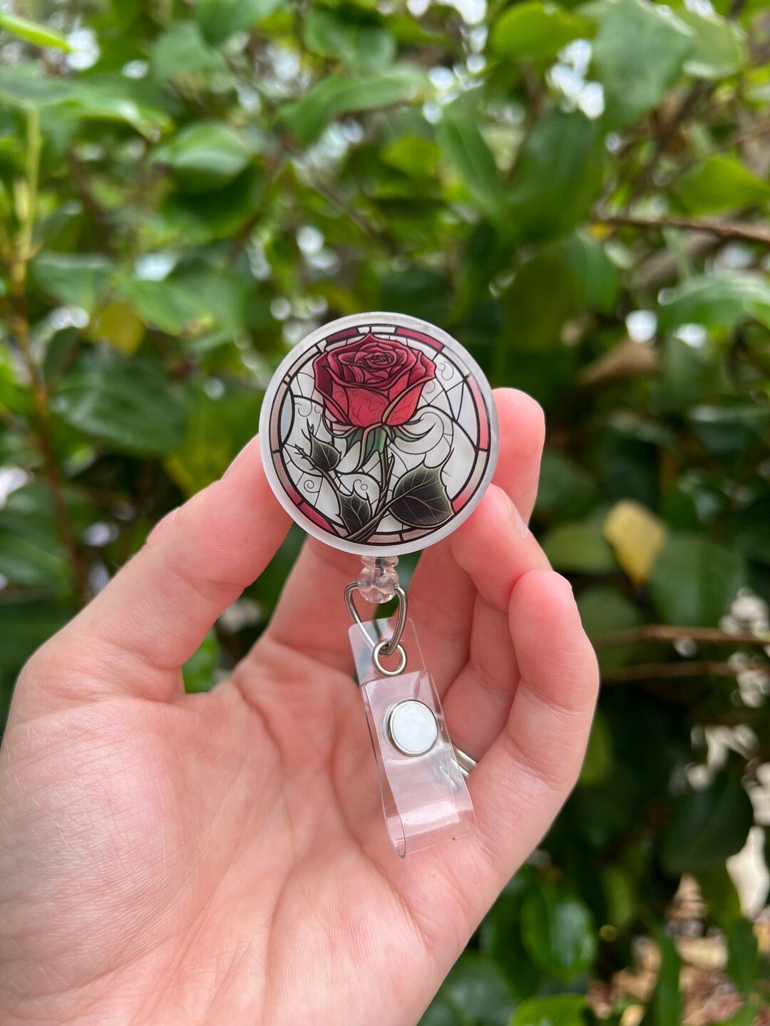 Red Rose, Stained Glass, Badge Reel, ID Holder, Fridge Magnet, Perfect ...