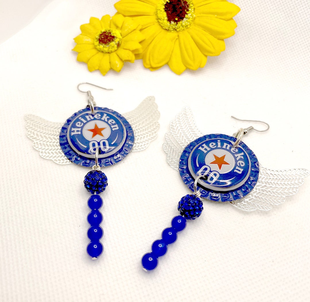Heineken Recycled Bottle Cap Blue Winged Earrings Angel - Etsy