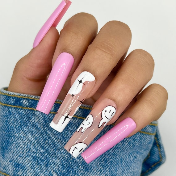 Drippy Smiley Face Press on Nails Glue on Nails Long Nails - Etsy