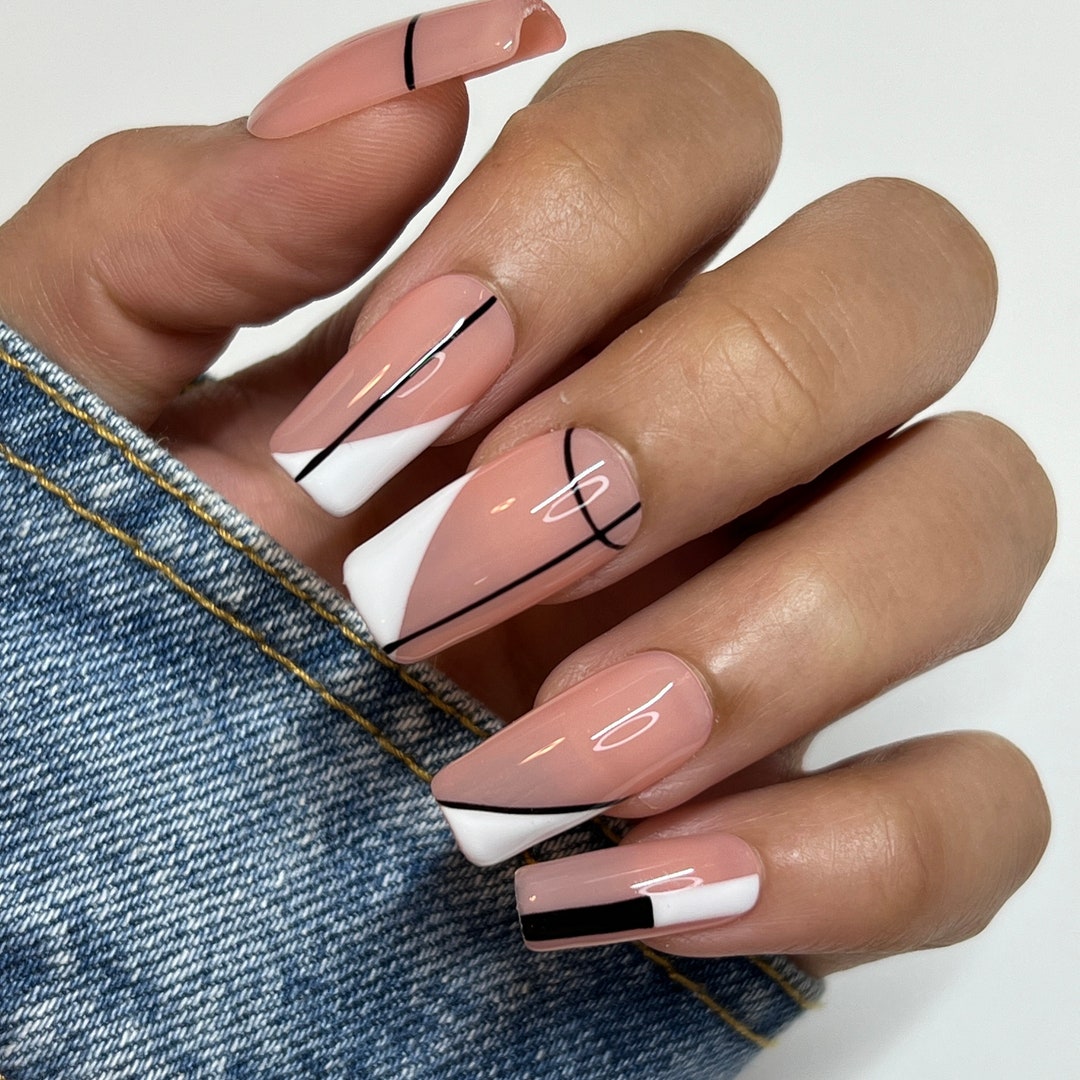 Black and White Abstract Press on Nails | Coffin French Reusable Nails ...