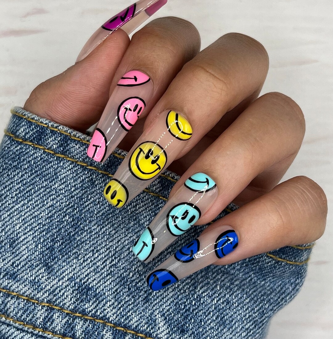 Rainbow Smiley Face Press on Nails | Glue on Nails | Short Nails ...
