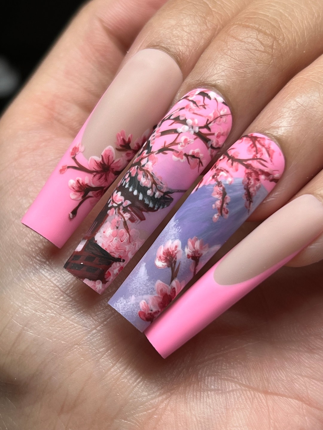 Cherry Blossom Press on Nails Glue on Nails Stick on Nails Fake Nails Gifts for Her Pink Nails ...