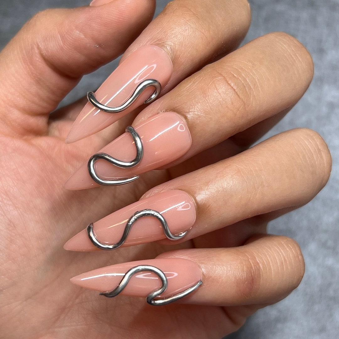 3D Chrome Swirl Stiletto Press on Nails | Reusable Fake Nails - Etsy