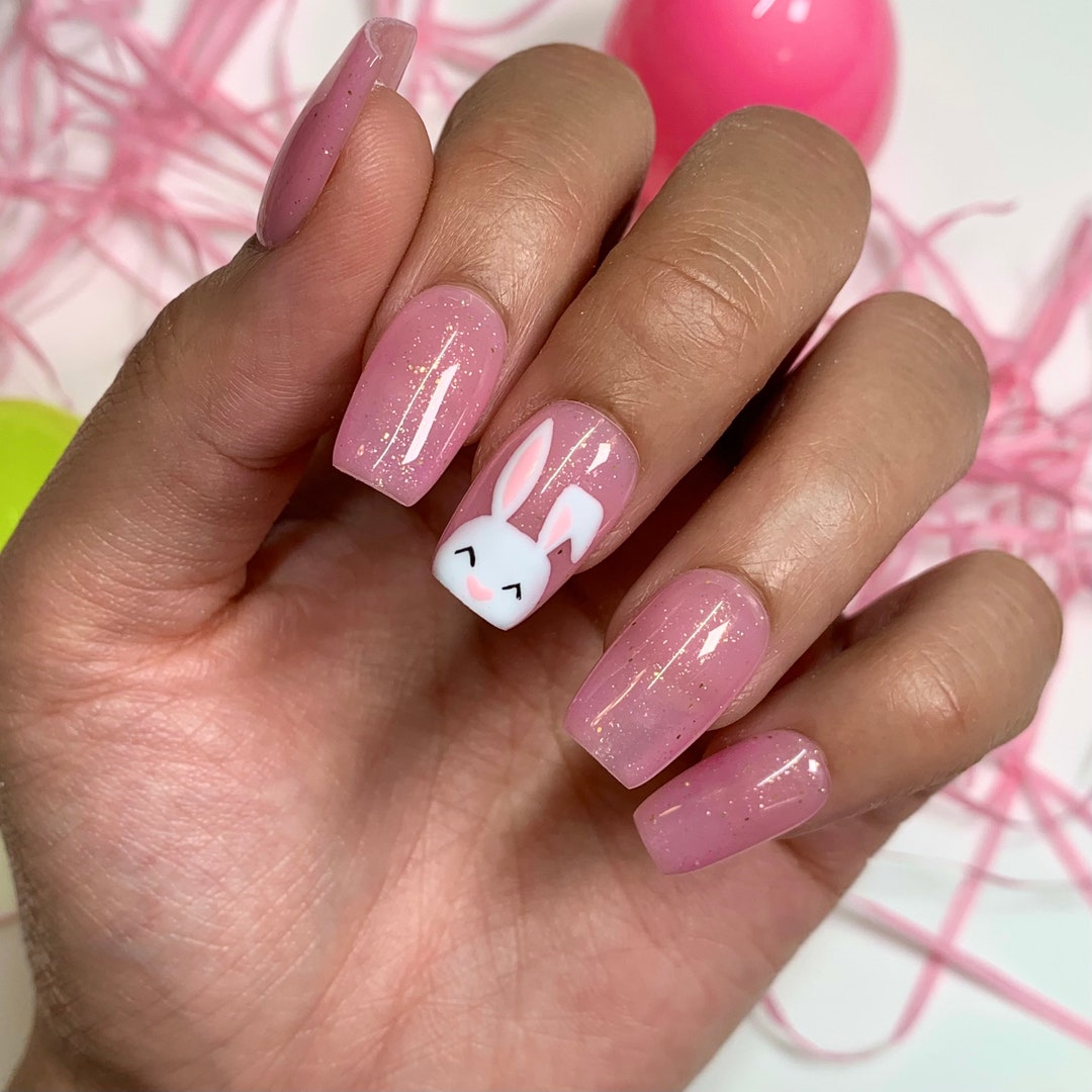Cute Glitter Pink Bunny Press on Nails | Glue on Nails | Stick on Nails ...