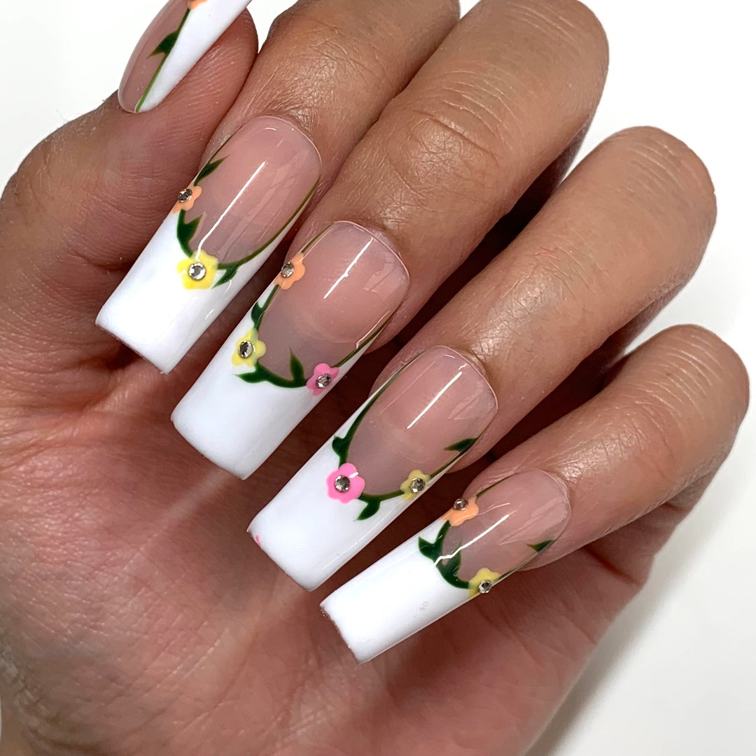 Spring Flower French Press on Nails | Glue on Nails | Long Nails ...