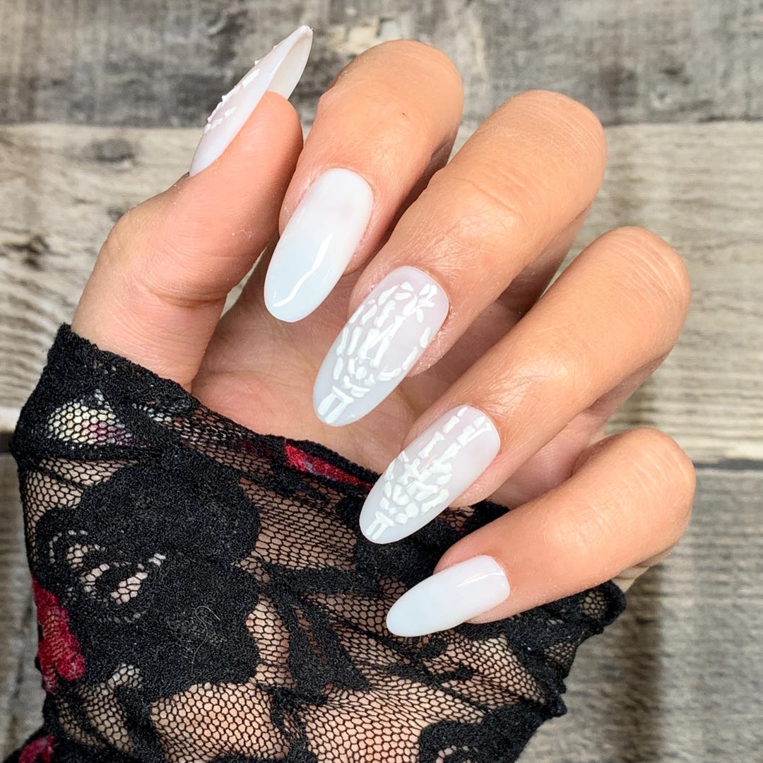 Skeleton Hands Press on Nails: Halloween Almond Reusable Nails - Etsy