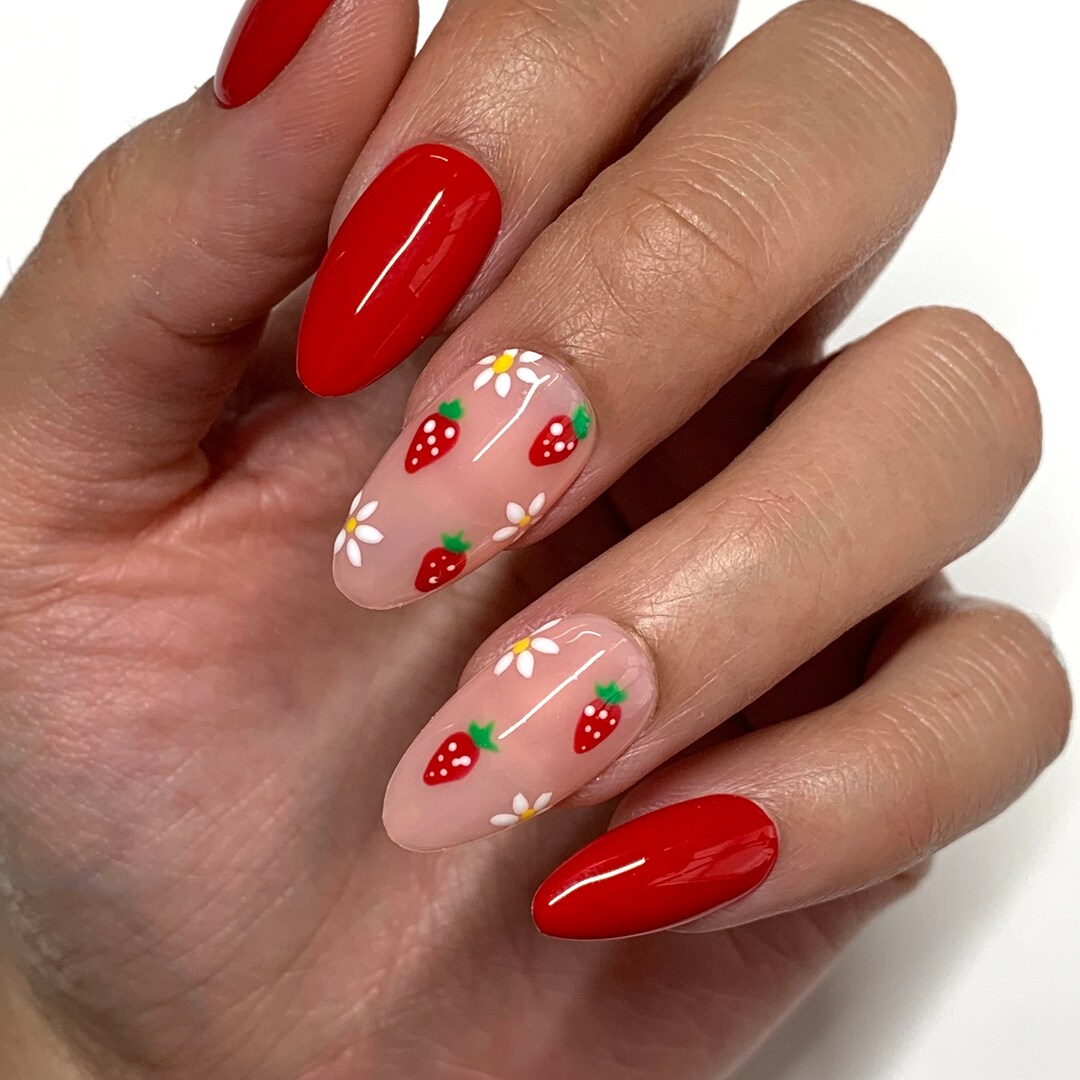 Spring Strawberry Press on Nails | Glue on Nails | Long Nails | Stick ...