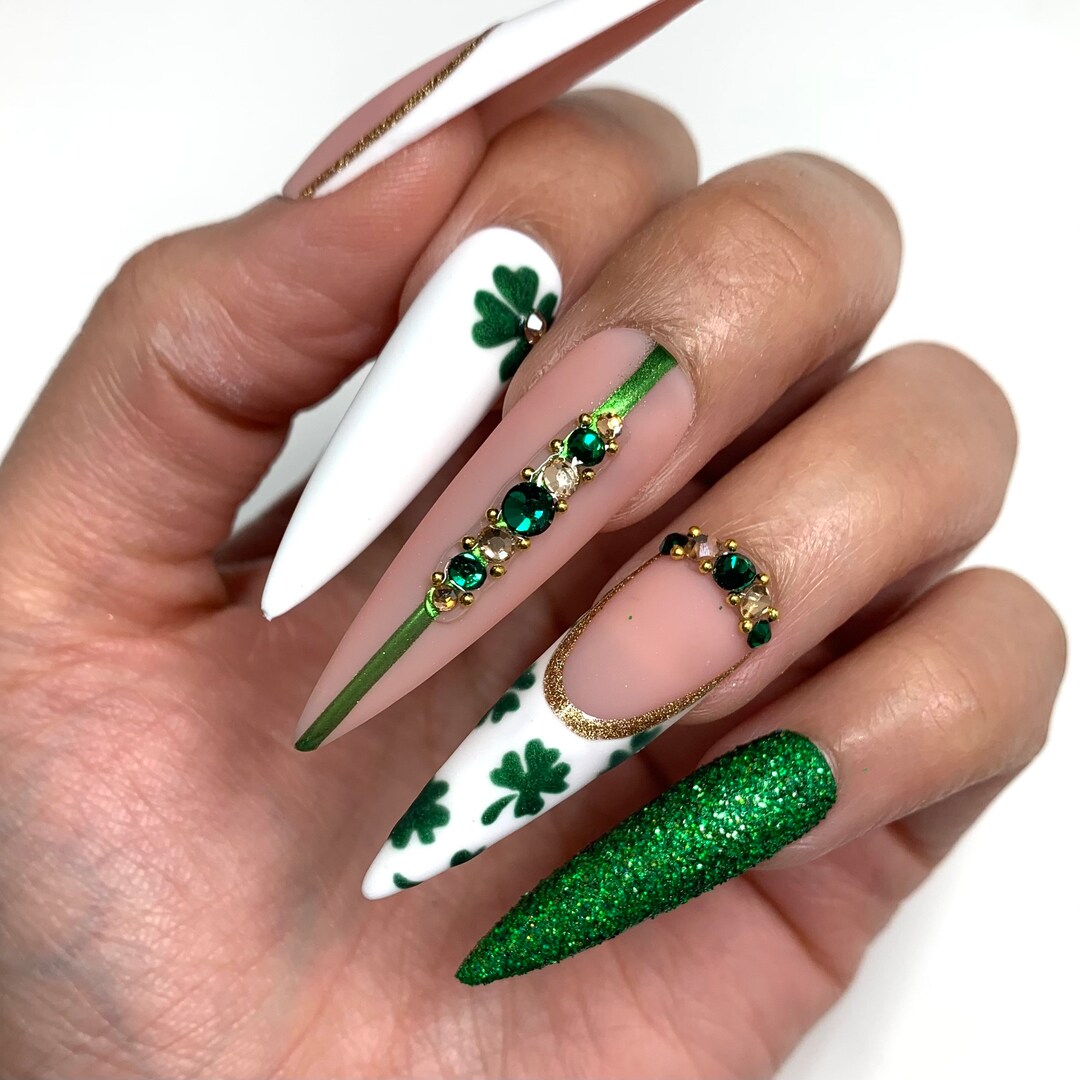 St. Patrick's Day Press on Nails | Clover Green Stiletto False Nails - Etsy